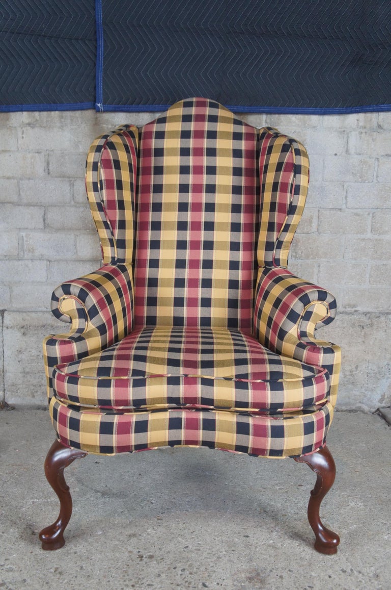 2 Antique Plaid Queen Anne Wingback Library Club Accent Arm Chairs at ...