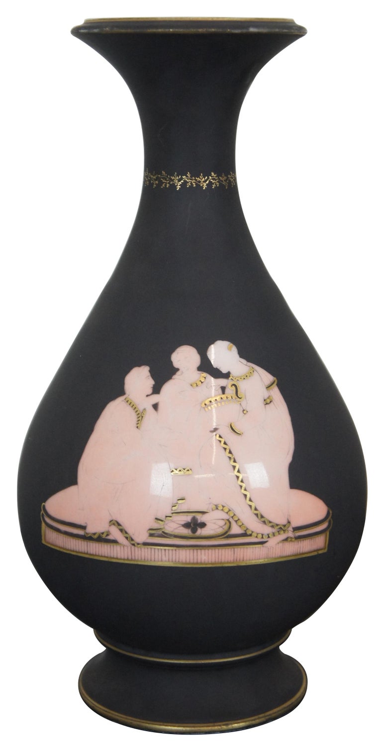 2 Antique Porcelain Cameo Mantel Vases Urns Grecian Scene Shell Inlay ...