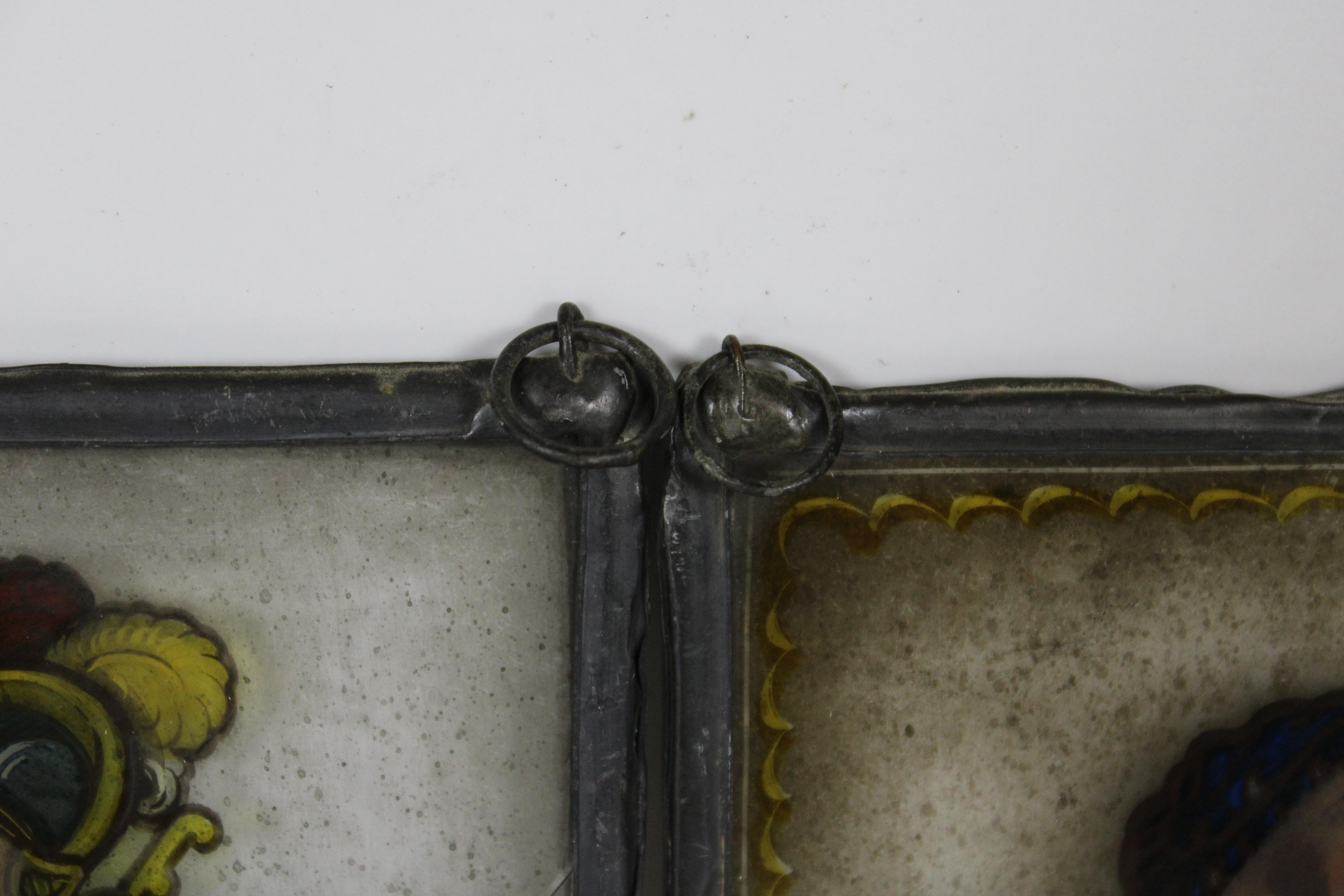 2 Antique Reverse Glass Painting Elizabethan Soldier Hanging Panel Pair ...