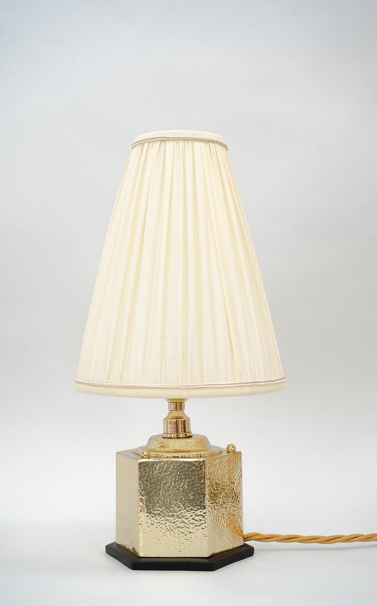 2 Art Deco Hammered Hexagonal Table Lamps with Bakelite Base and Fabric ...