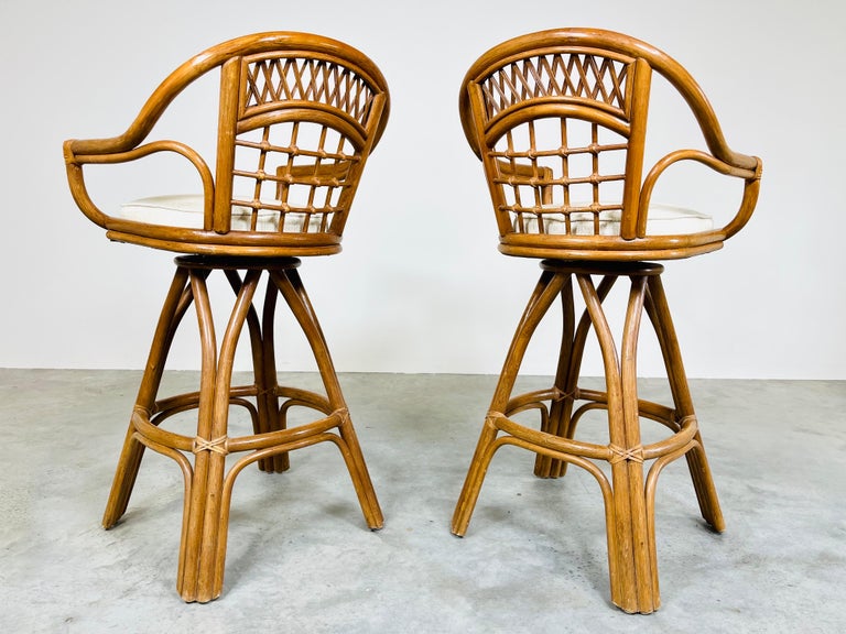 2-Bamboo Midcentury Chippendale Boho Ficks Reed Style Swivel Barstools ...