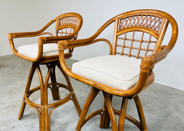 2-Bamboo Midcentury Chippendale Boho Ficks Reed Style Swivel Barstools ...