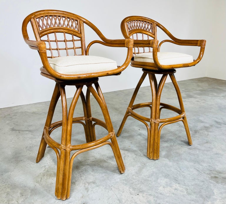 2-Bamboo Midcentury Chippendale Boho Ficks Reed Style Swivel Barstools ...