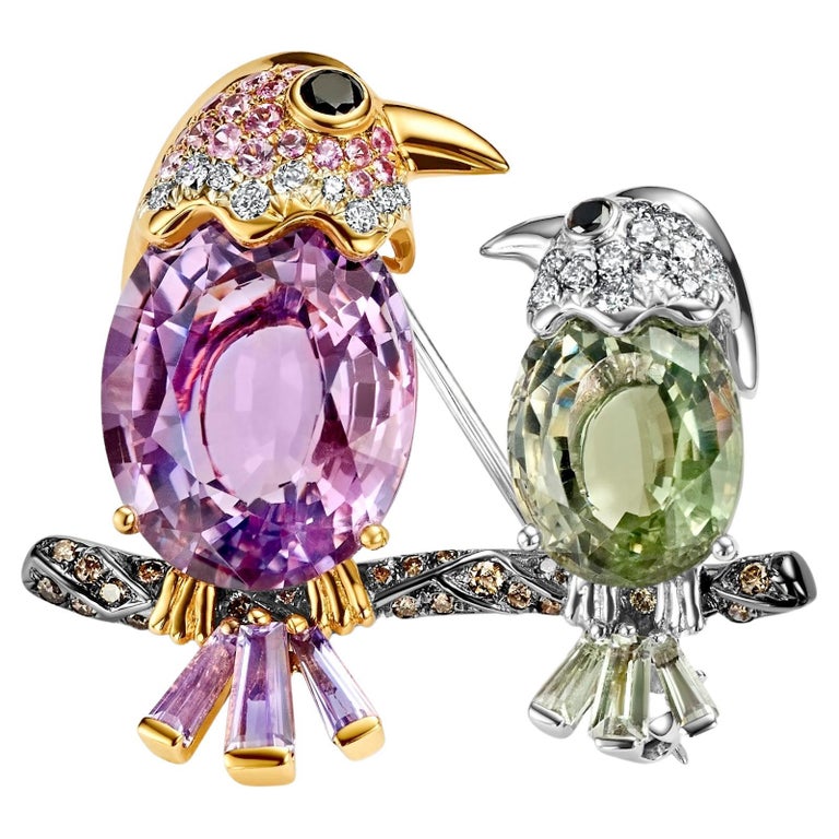 2 Birds on a Branch in 18kt Gold ,13.89ct. Semi Precious Stones ...