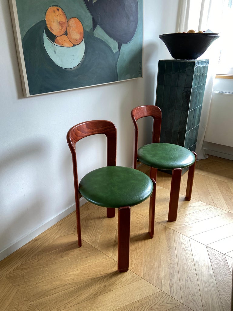 2 Bruno Rey Dining Chairs in Dark Wood with Green Leather Seat by ...