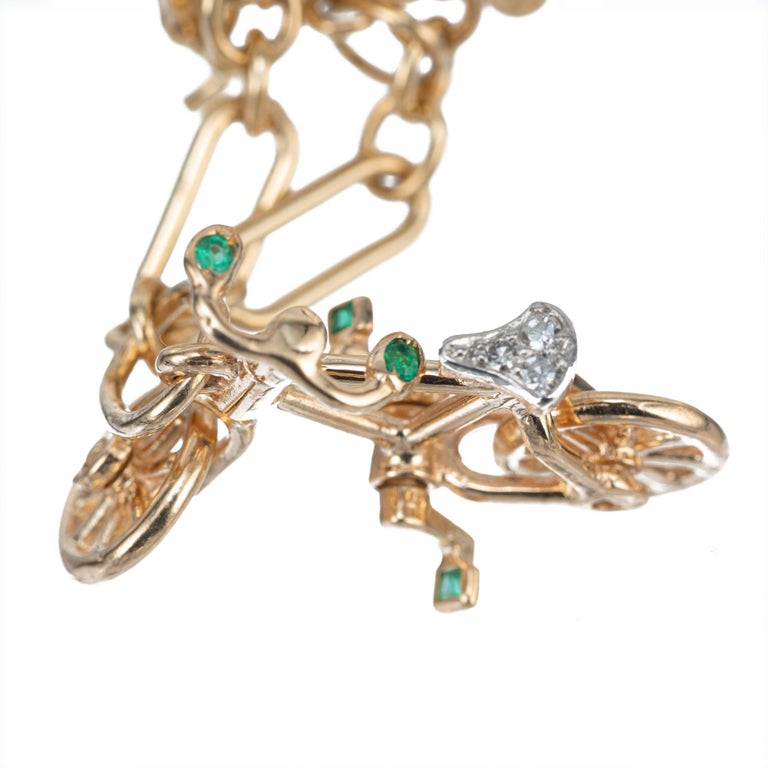 .02 Carat Diamond Emerald Yellow Gold Bicycle Themed Charm Bracelet For ...