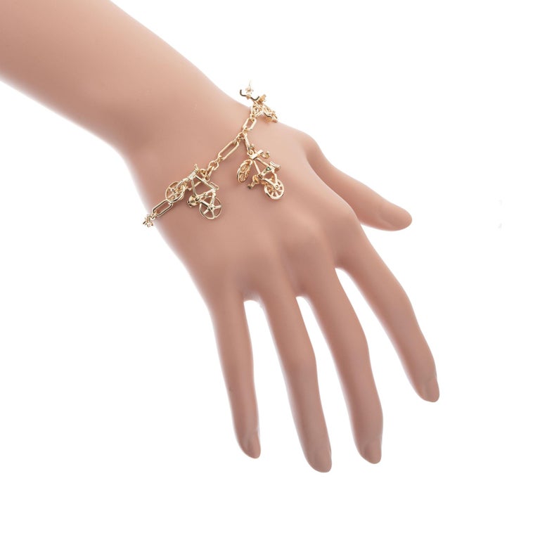 .02 Carat Diamond Emerald Yellow Gold Bicycle Themed Charm Bracelet For ...