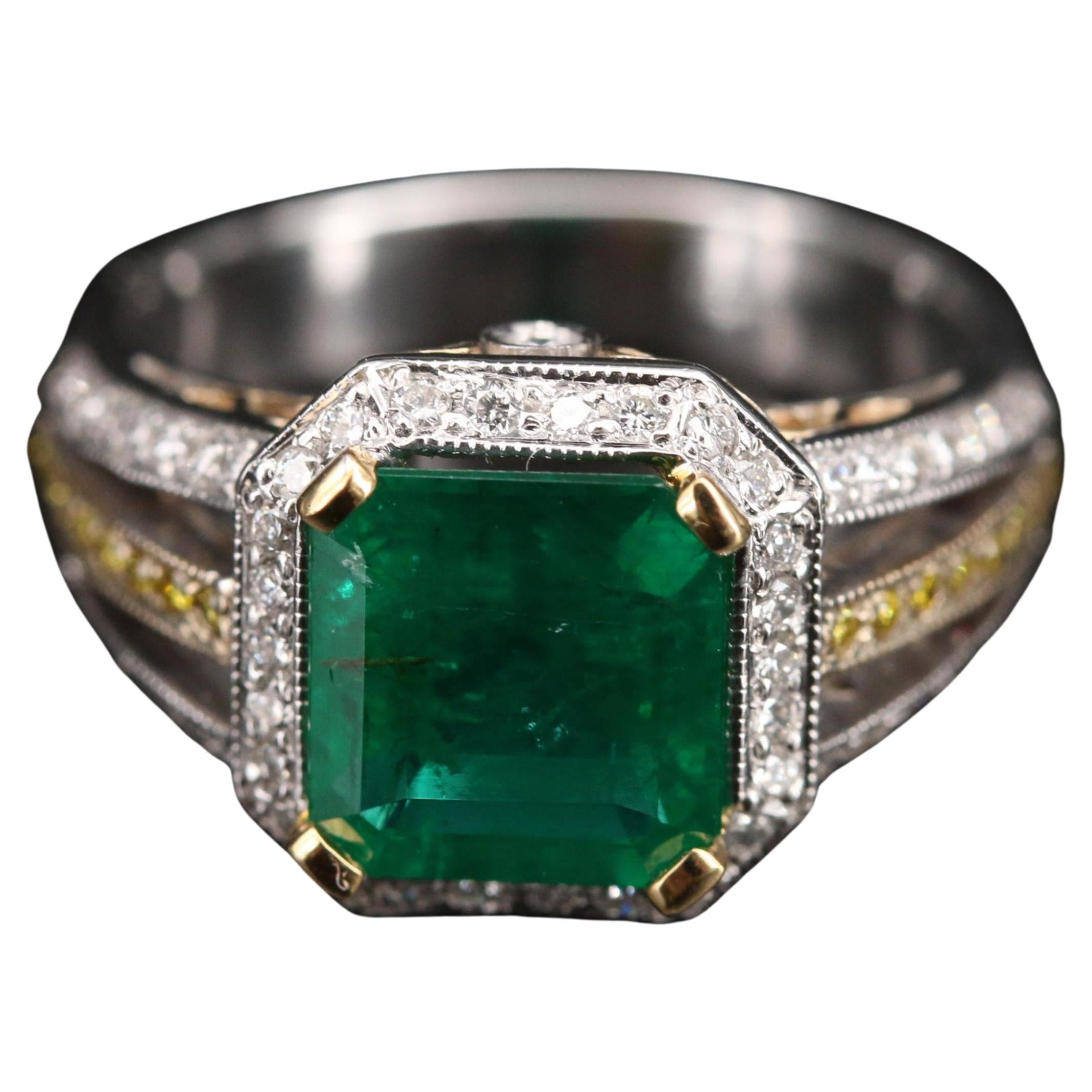 Big Emerald Diamond Halo Cocktail Engagement Ring Platinum 2-Tone Art ...