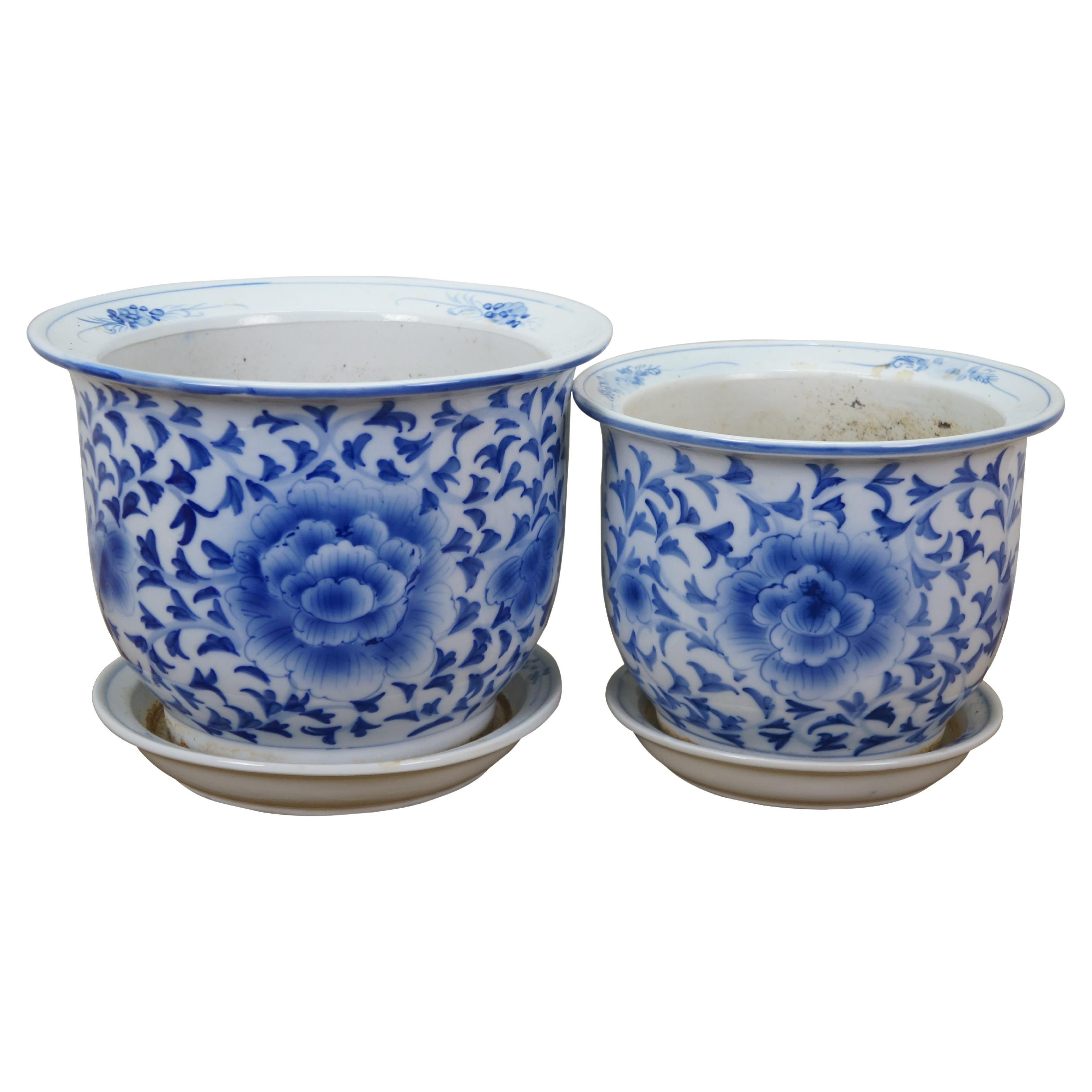 2 Chinese Canton Blue and White Porcelain Bonsai Tree Cachepot Planters ...