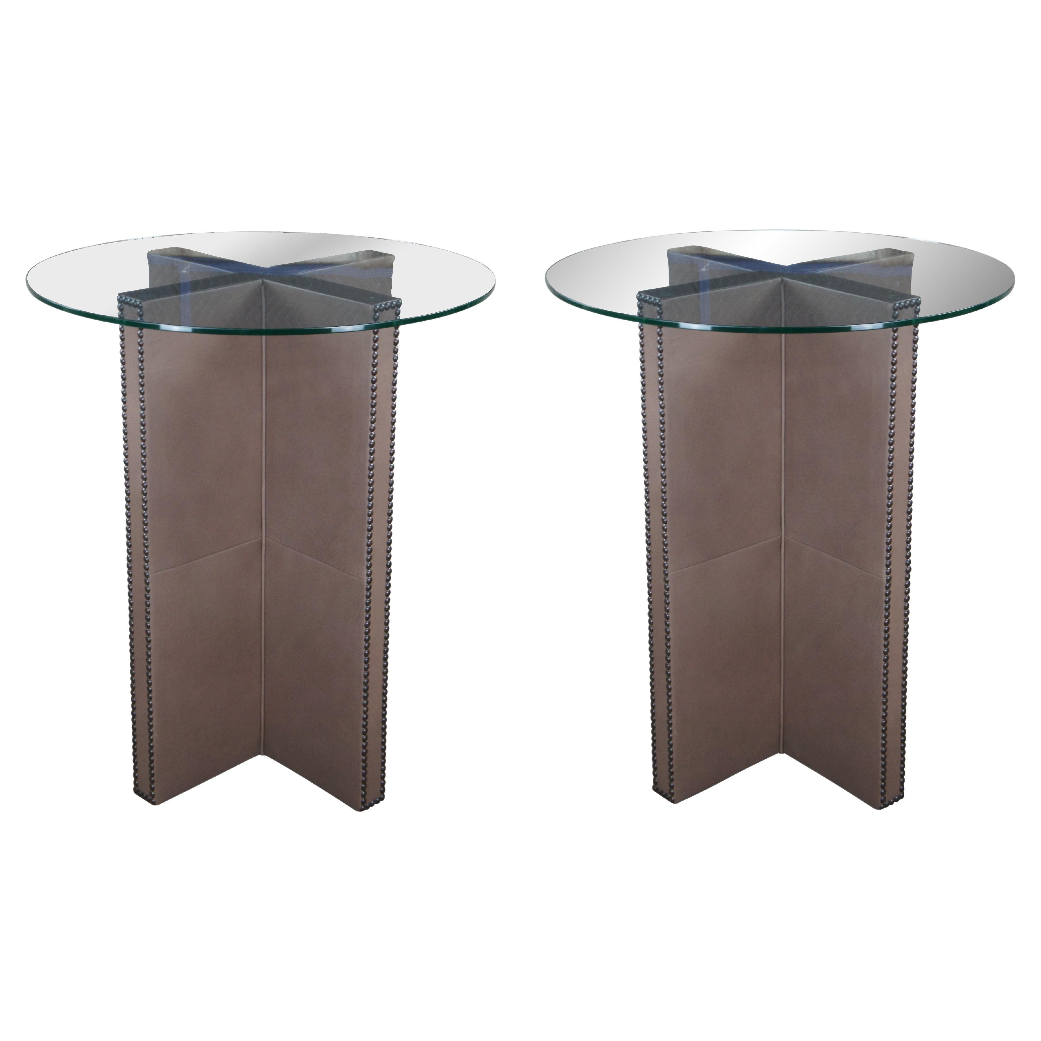 2 Custom Brown Leather Modern Round Glass Top Pub Bistro Tables ...