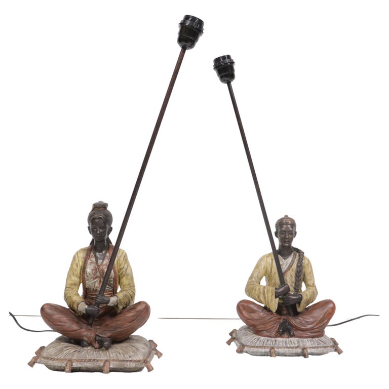 2 Exclusive Table Lamps Chinese Woman and Man on a Pillow Brass For ...