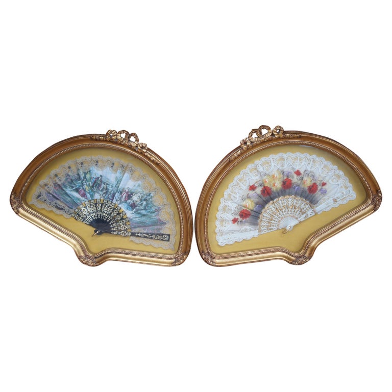 2 French Neoclassical Gilded Eventail Fan Shadow Box Frame Chinoiserie ...
