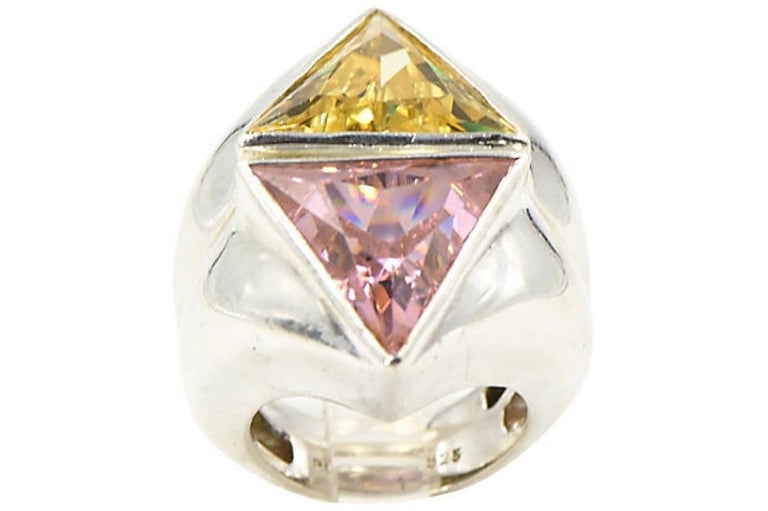 2 Geometric Triangular Pink and Yellow CZ Sterling Silver Rings at 1stDibs