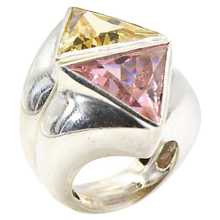 2 Geometric Triangular Pink and Yellow CZ Sterling Silver Rings at 1stDibs