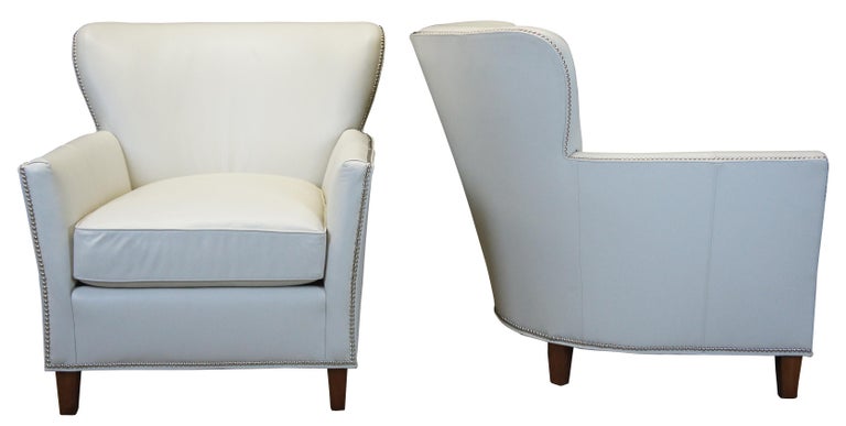 2 Harden White Leather and Nailhead Trim Wingback Club Chairs Arm ...