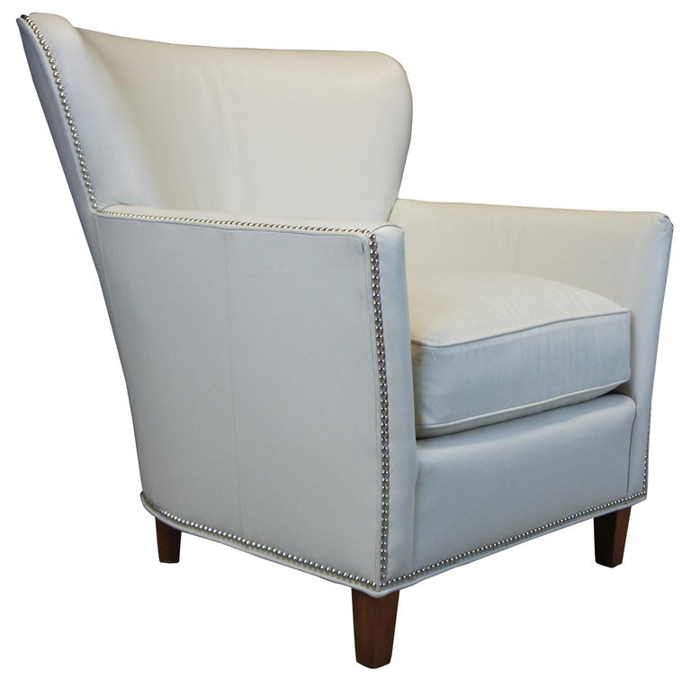 2 Harden White Leather and Nailhead Trim Wingback Club Chairs Arm ...