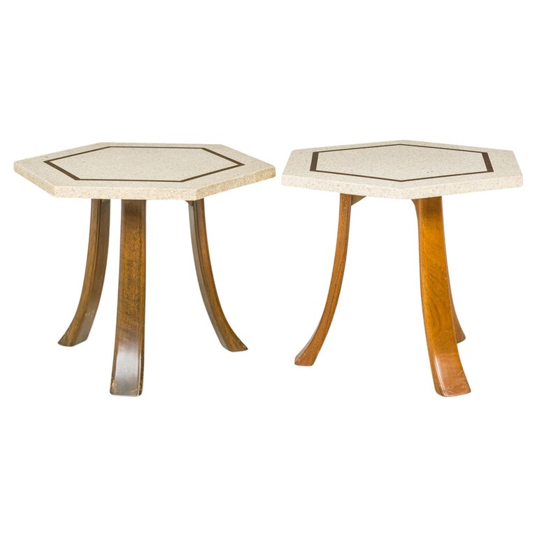 2 Harvey Probber White Terrazzo and Bronze Inlay Hexagonal End / Side Tables For Sale at 1stDibs