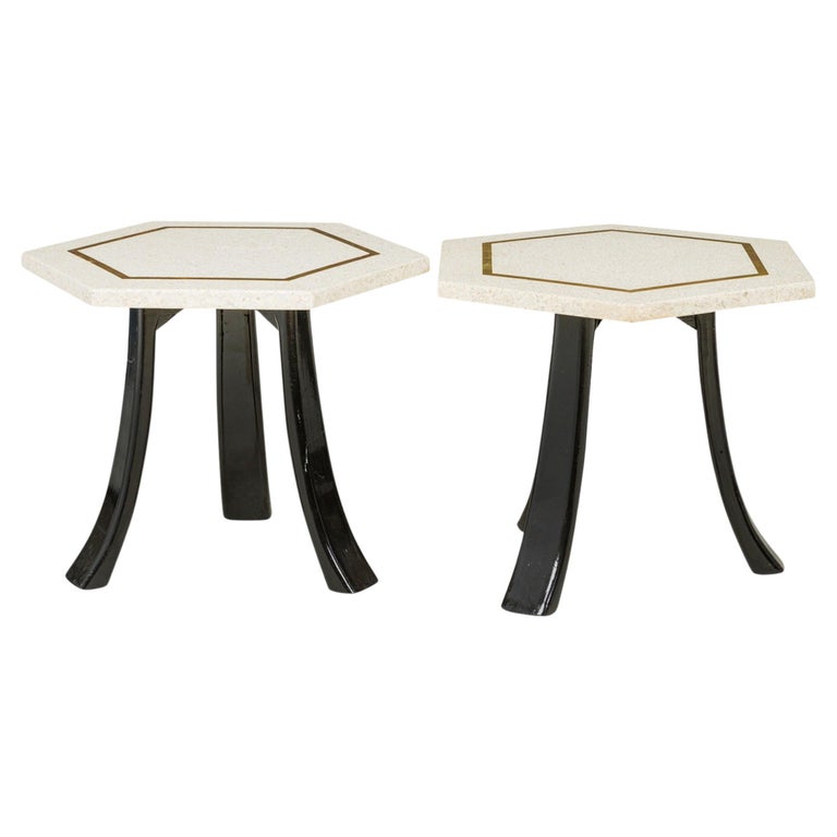 2 Harvey Probber White Terrazzo and Bronze Inlay Hexagonal End / Side ...