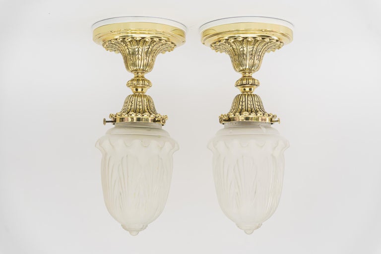 2 Historistic Ceiling Lamps with Original Old Glass Shades Vienna ...
