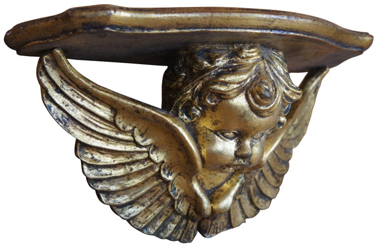 2 Italian Florentine Rococo Gold Gilt Winged Cherub Angel Bust Shelf ...