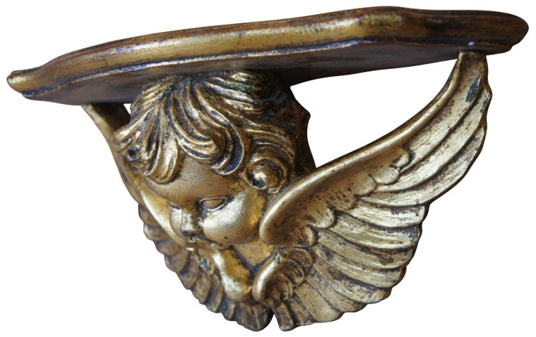 2 Italian Florentine Rococo Gold Gilt Winged Cherub Angel Bust Shelf ...