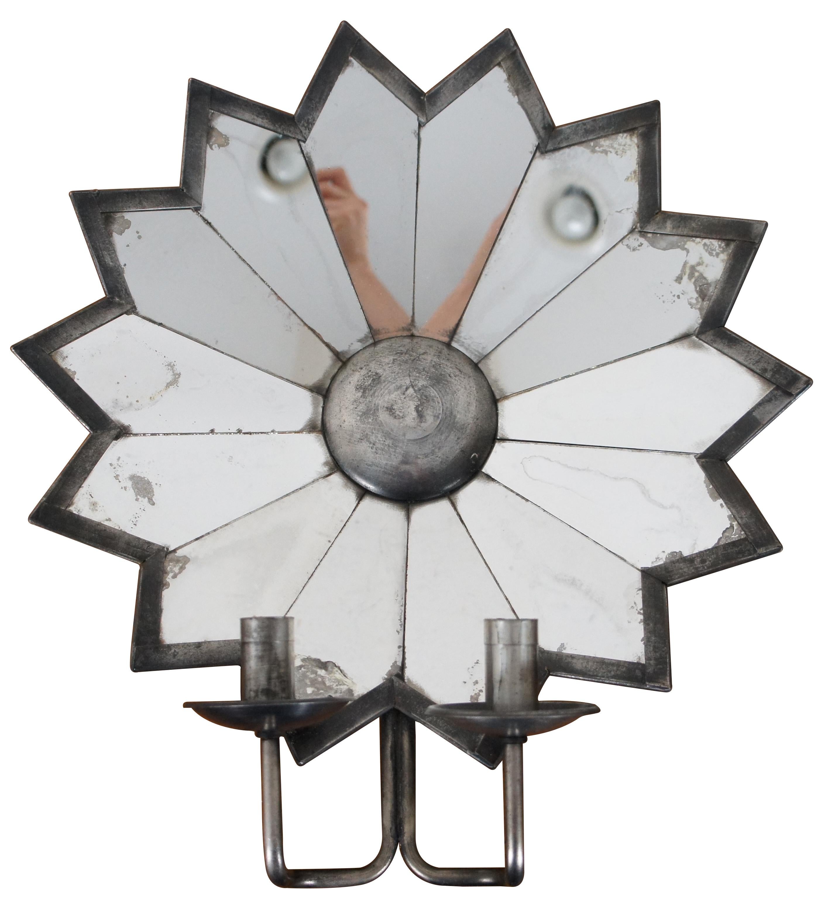 2 Japanese Antiqued Mirrored Tin Sunburst Flower Two Candle Wall Sconce ...