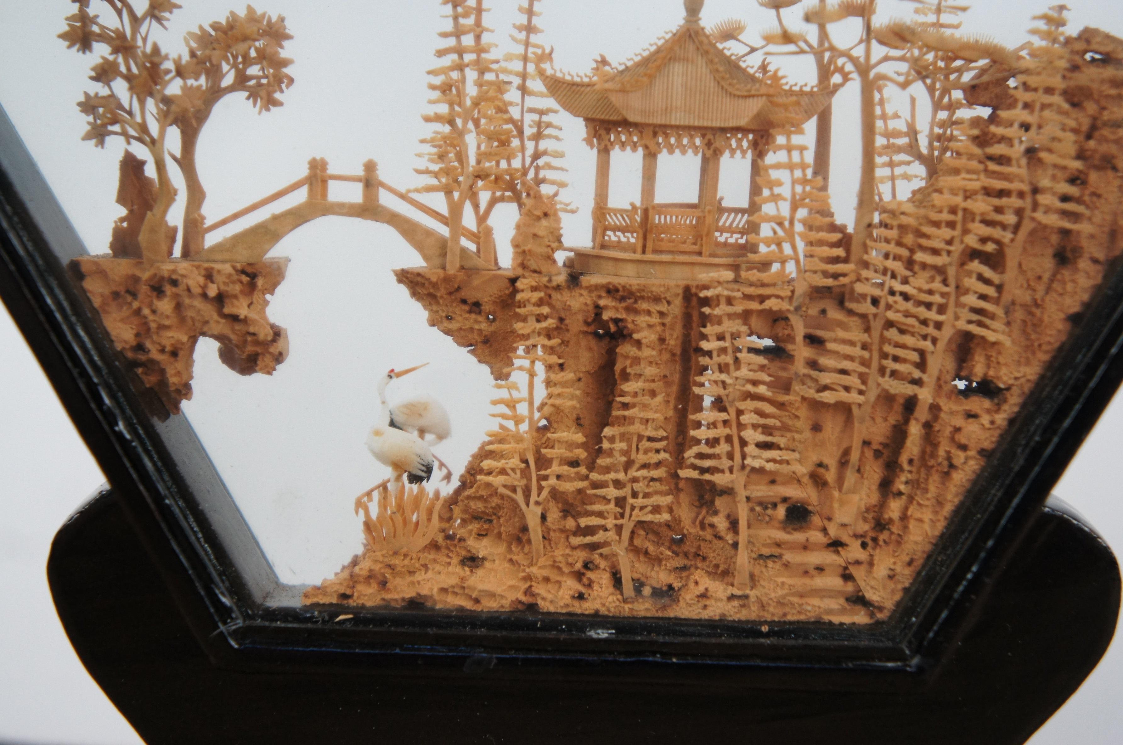 2 Japanese Lacquer Shadow Box Cork Pagoda Diorama Landscape Sculptures ...