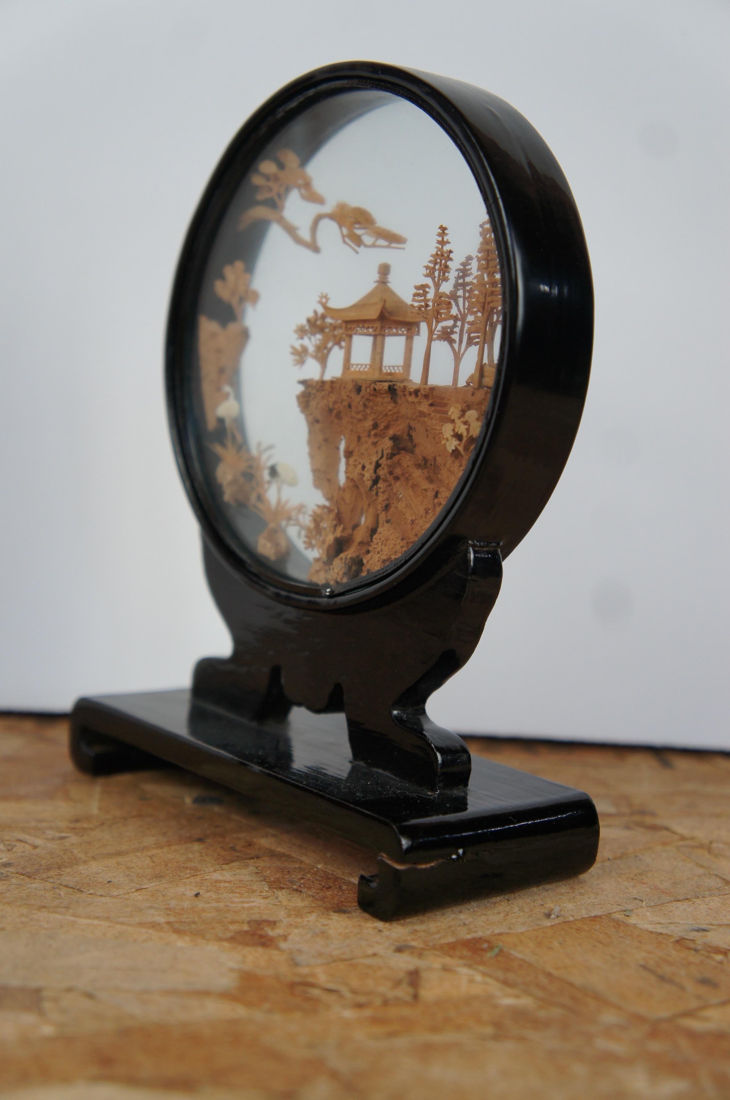 2 Japanese Lacquer Shadow Box Cork Pagoda Diorama Landscape Sculptures ...