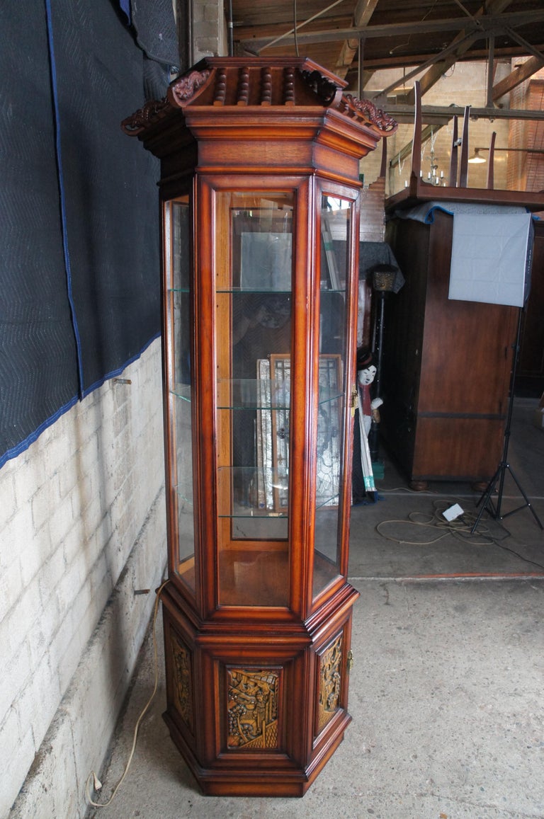 2 Japanese Red Oak Dragon Carved Hexagonal Pagoda Vitrine Curio Display ...