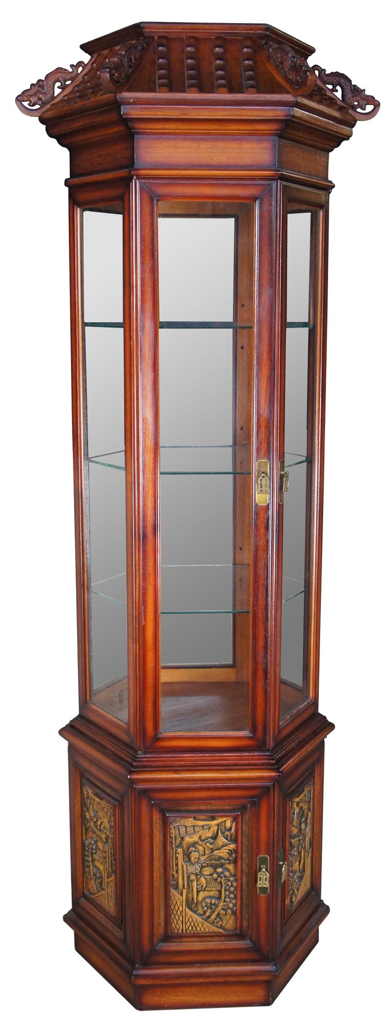 2 Japanese Red Oak Dragon Carved Hexagonal Pagoda Vitrine Curio Display ...