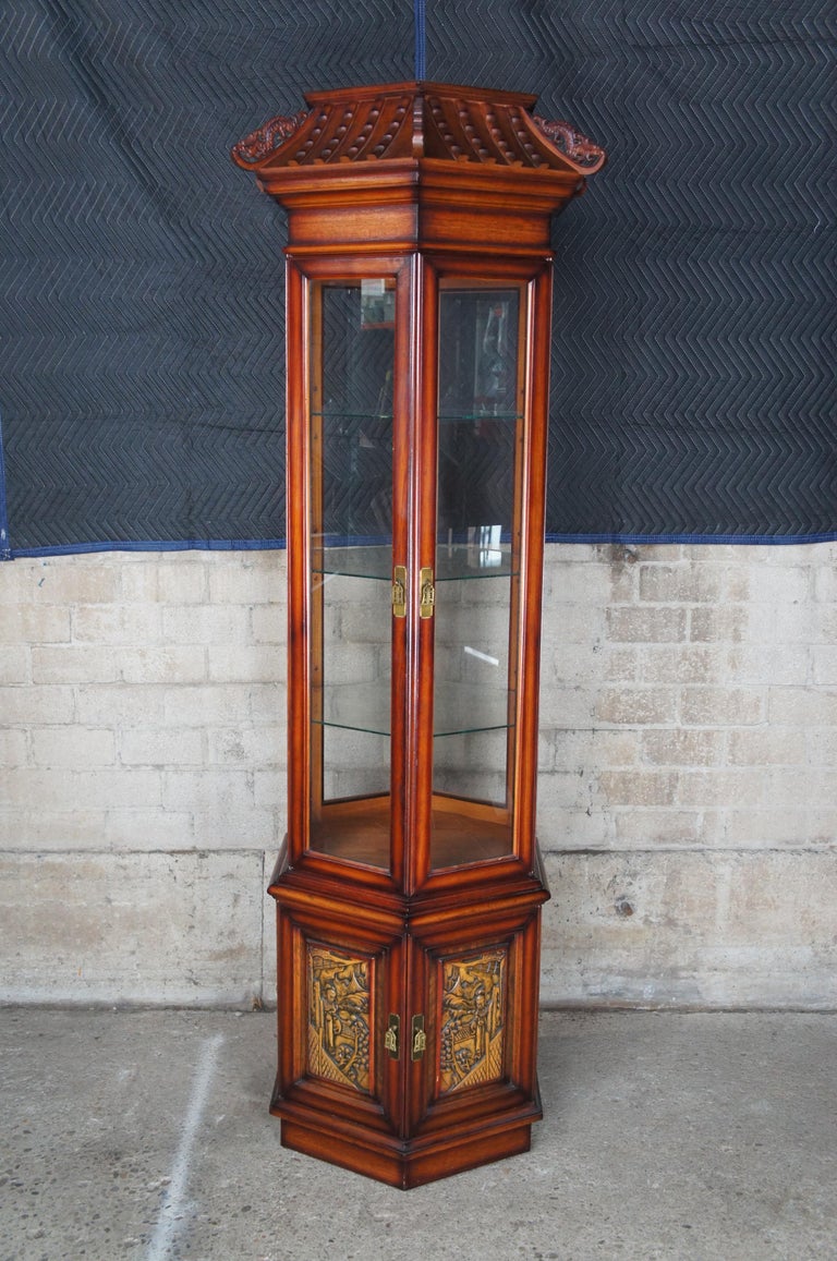 2 Japanese Red Oak Dragon Carved Hexagonal Pagoda Vitrine Curio Display ...