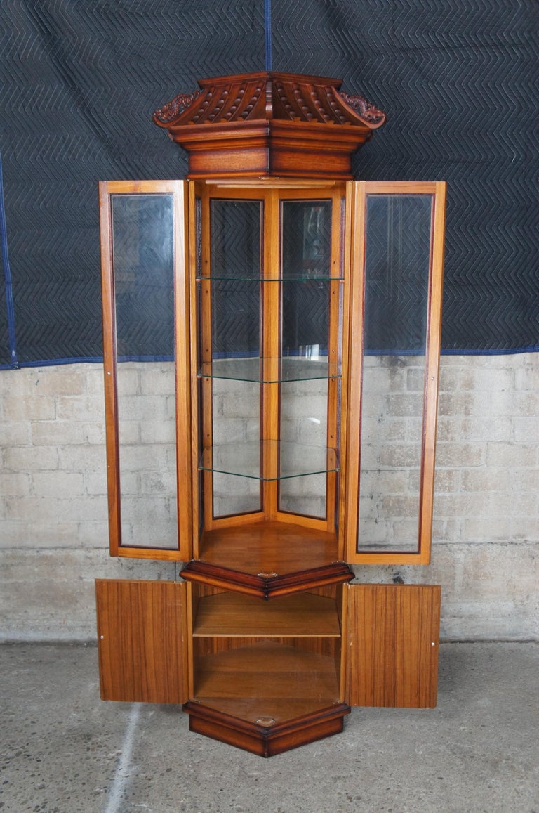 2 Japanese Red Oak Dragon Carved Hexagonal Pagoda Vitrine Curio Display ...