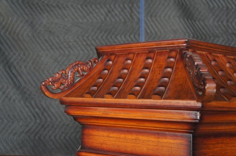 2 Japanese Red Oak Dragon Carved Hexagonal Pagoda Vitrine Curio Display ...