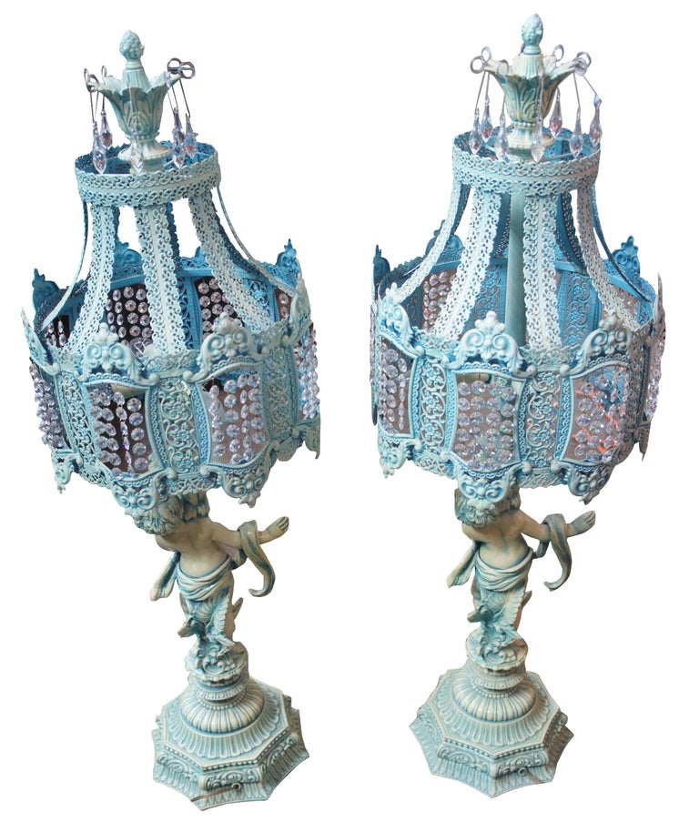 2 Lovesky and Lovesky Mid Century Ornate Angel Cherub Cupid Lamps ...