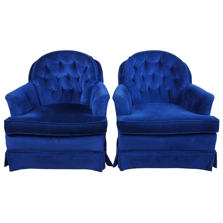 2 Midcentury Continental Hickory White Blue Tufted Club Lounge Chairs ...