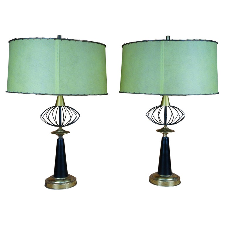 2 Mid-Century Modern Metal Wire Brass Atomic Table Lamps and Shades For ...
