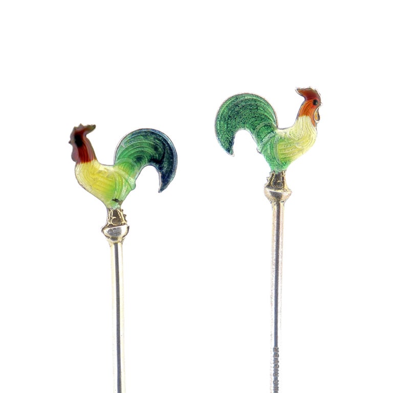 2 Mid-Century Modern Sterling Silver and Enamel Rooster Form Cocktail ...