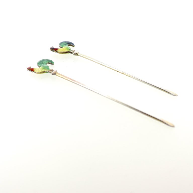 2 Mid-Century Modern Sterling Silver and Enamel Rooster Form Cocktail ...