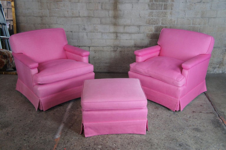 2 Mid Century Pink Chairs and Ottoman Walnut Library Reading Lounge Set ...