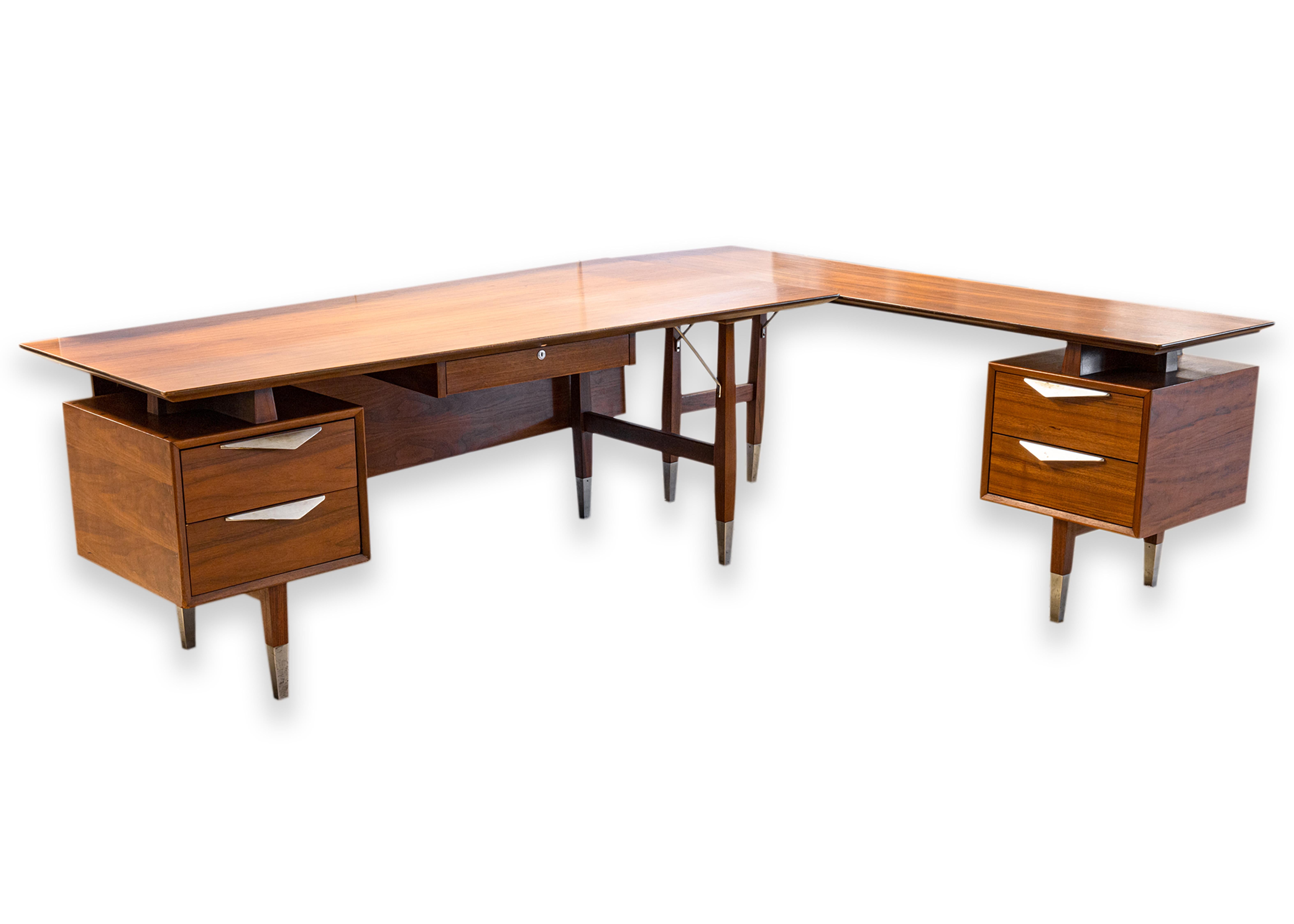 2 Piece Atomic Mid Century Modern Asymmetrical Walnut Rattan Aluminum ...