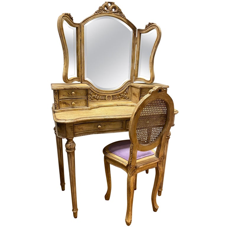 2-Piece Vintage Painted Vanity with Beveled Mirror and Chair at 1stDibs