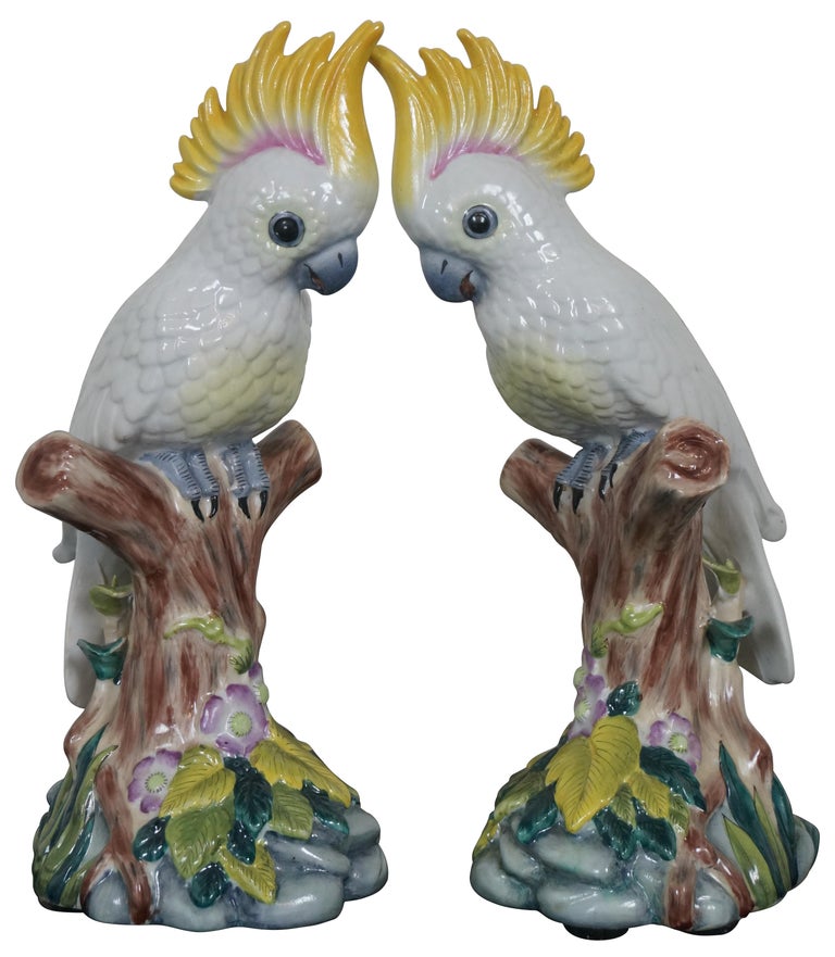 2 Porcelain Yellow Crested Cockatoo Parrot Bird Mantel Figurines ...
