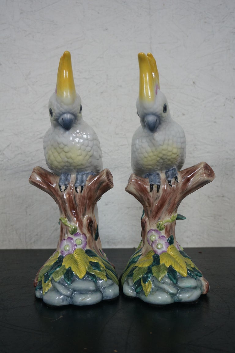 2 Porcelain Yellow Crested Cockatoo Parrot Bird Mantel Figurines ...