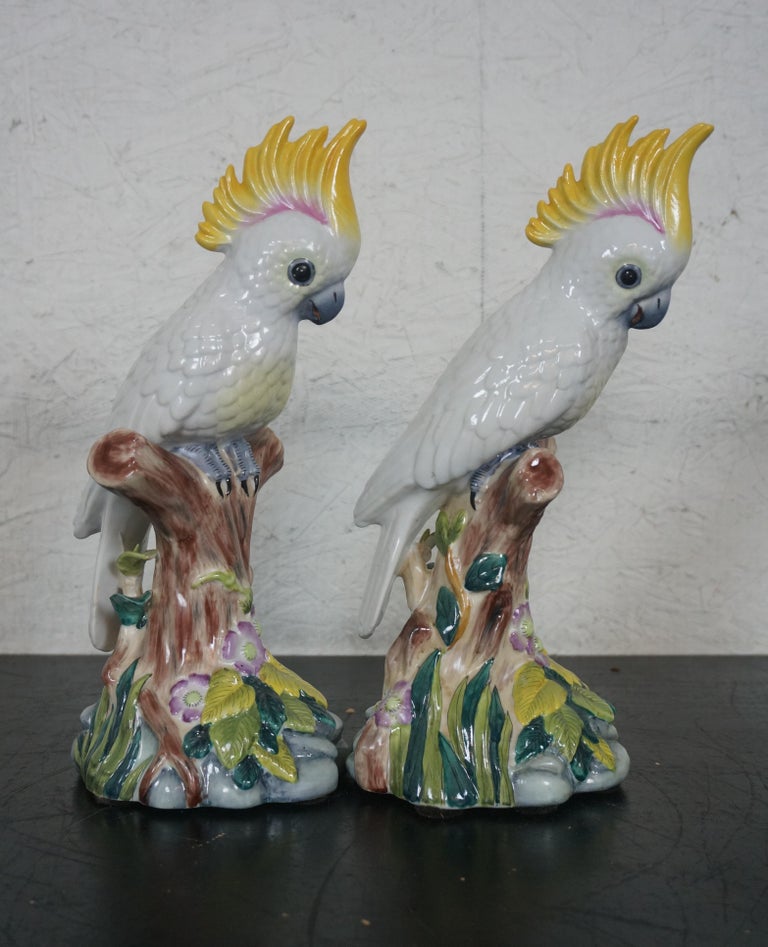 2 Porcelain Yellow Crested Cockatoo Parrot Bird Mantel Figurines ...
