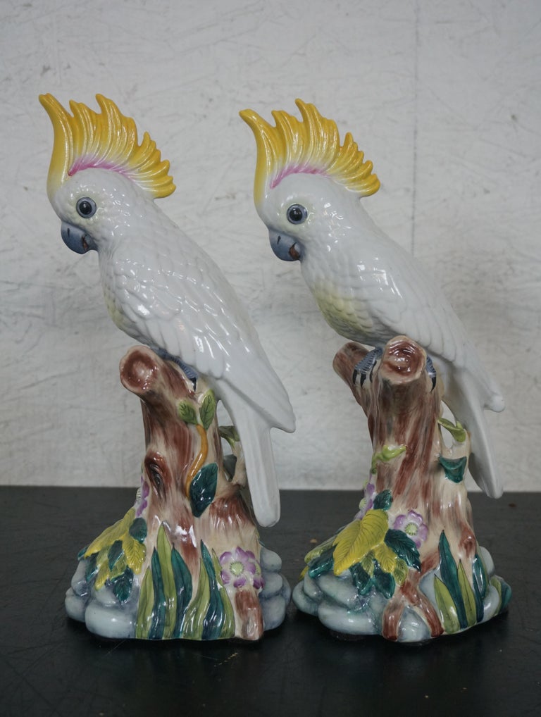 2 Porcelain Yellow Crested Cockatoo Parrot Bird Mantel Figurines ...