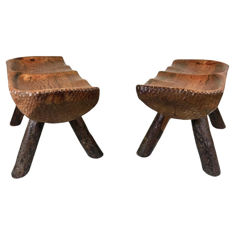 2 Rare Italian Modern Craftsman Alpine Benches in Hand Carved Cypress ...