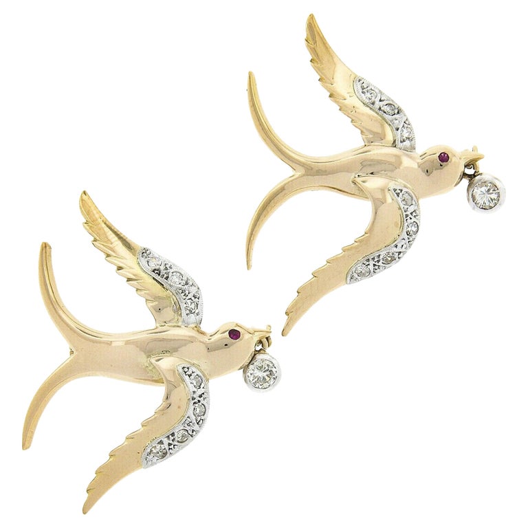 '2' Retro Vintage 18k Gold Platinum Diamond and Ruby Pair of Swallow ...