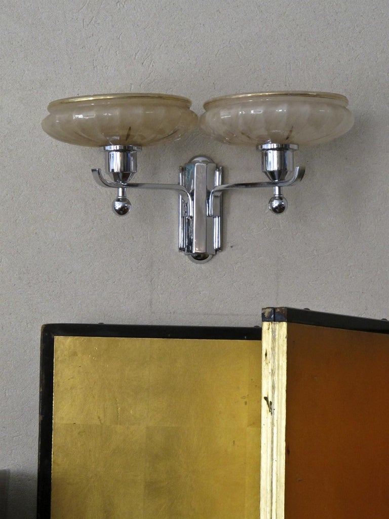 2 Sconces, French, Style: Art Deco in Chrome and Crystal with Gold For ...