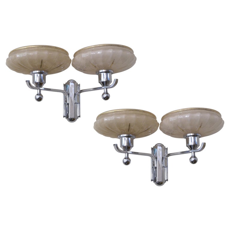 2 Sconces, French, Style: Art Deco in Chrome and Crystal with Gold For ...