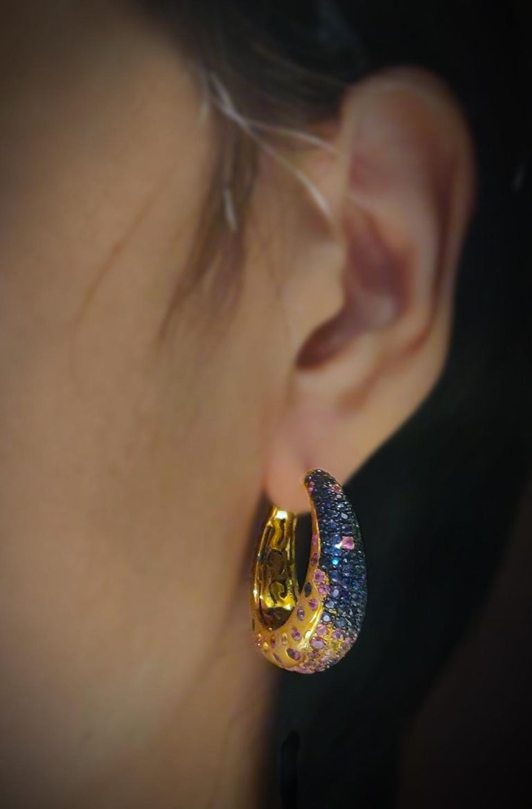 2 Sided Multicolour Stone Hoops Blue/Yellow/Orange Sapphire Tsavorite ...